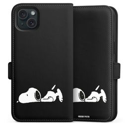 DeinDesign iPhone 15 Plus Handy Klapph&uuml;lle Handyh&uuml;lle aus Kunst Leder schwarz Flip Case Official Licensed Product Snoopy Peanuts Sideflip mit Lasche