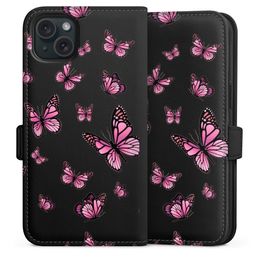 DeinDesign iPhone 15 Plus Handy Klapph&uuml;lle Handyh&uuml;lle aus Kunst Leder schwarz Flip Case Butterfly Motiv Ohne Hintergrund Muster Sideflip mit Lasche