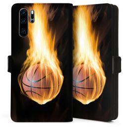 DeinDesign Huawei P30 Pro Handy Klapph&uuml;lle Handyh&uuml;lle aus Kunst Leder schwarz Flip Case Sports Basketball Fire Sideflip mit langer Lasche