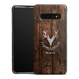 DeinDesign Galaxy S10 Handy Premium Case Smartphone Handyh&uuml;lle Schutzh&uuml;lle gl&auml;nzend Wooden Look Deer Wood Premium Case