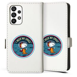 DeinDesign Galaxy A53 5G Handy Klapph&uuml;lle Handyh&uuml;lle aus Kunst Leder wei&szlig; Flip Case Peanuts Weltall Snoopy Sideflip mit Lasche