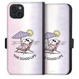 DeinDesign iPhone 15 Plus Handy Klapph&uuml;lle Handyh&uuml;lle aus Kunst Leder schwarz Flip Case Snoopy Official Licensed Product Peanuts Sideflip mit Lasche