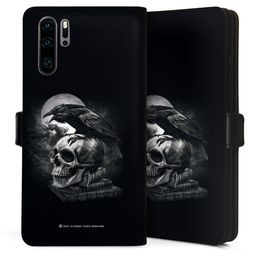 DeinDesign Huawei P30 Pro Handy Klapph&uuml;lle Handyh&uuml;lle aus Kunst Leder schwarz Flip Case Raven Skulls Skull Sideflip mit langer Lasche