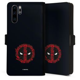 DeinDesign Huawei P30 Pro Handy Klapph&uuml;lle Handyh&uuml;lle aus Kunst Leder schwarz Flip Case Logo Marvel Deadpool Sideflip mit langer Lasche