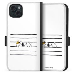 DeinDesign iPhone 15 Plus Handy Klapph&uuml;lle Handyh&uuml;lle aus Kunst Leder schwarz Flip Case Snoopy Dog Peanuts Sideflip mit Lasche