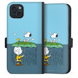 DeinDesign iPhone 15 Plus Handy Klapph&uuml;lle Handyh&uuml;lle aus Kunst Leder schwarz Flip Case Peanuts Children Snoopy Sideflip mit Lasche