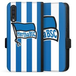 DeinDesign Galaxy A50 Handy Klapph&uuml;lle Handyh&uuml;lle aus Kunst Leder schwarz Flip Case Flag Hertha Bsc Stripes Sideflip mit Lasche