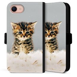 DeinDesign iPhone 16e Handy Klapph&uuml;lle Handyh&uuml;lle aus Kunst Leder schwarz Flip Case Cat Pet Feather Sideflip mit Lasche