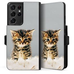 DeinDesign Galaxy S21 Ultra 5G Handy Klapph&uuml;lle Handyh&uuml;lle aus Kunst Leder schwarz Flip Case Cat Pet Feather Sideflip mit Lasche