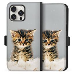 DeinDesign iPhone 15 Pro Max Handy Klapph&uuml;lle Handyh&uuml;lle aus Kunst Leder schwarz Flip Case Cat Pet Feather Sideflip mit Lasche