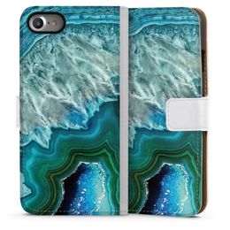 DeinDesign iPhone SE (2022) Handy Klapph&uuml;lle Handyh&uuml;lle aus Kunst Leder wei&szlig; Flip Case Blue Stone Marble Sideflip mit Lasche