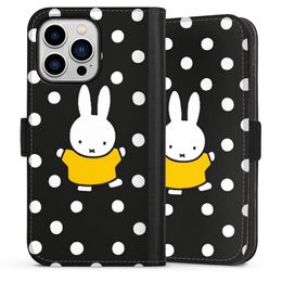 DeinDesign iPhone 13 Pro Handy Klapph&uuml;lle Handyh&uuml;lle aus Kunst Leder schwarz Flip Case Polka Dots Miffy Rabbit Sideflip mit Lasche