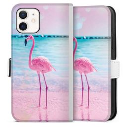 DeinDesign iPhone 12 Handy Klapph&uuml;lle Handyh&uuml;lle aus Kunst Leder wei&szlig; Flip Case Beach Tropical Flamingo Sideflip mit Lasche