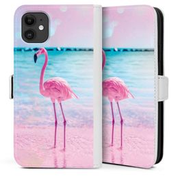 DeinDesign iPhone 11 Handy Klapph&uuml;lle Handyh&uuml;lle aus Kunst Leder wei&szlig; Flip Case Beach Tropical Flamingo Sideflip mit Lasche