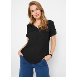 bonprix Damen Kurzarmbluseschwarz, Gr. 50, Web, Obermaterial: 100% Viskose, Blusen, dezente A-Silhouette, mit V-Ausschnitt, aus reiner Viskose
