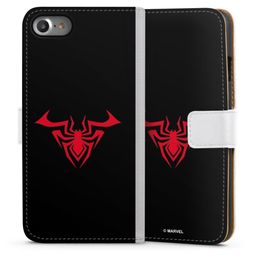 DeinDesign iPhone SE (2020) Handy Klapph&uuml;lle Handyh&uuml;lle aus Kunst Leder wei&szlig; Flip Case Spiderman Marvel Logo Sideflip mit Lasche