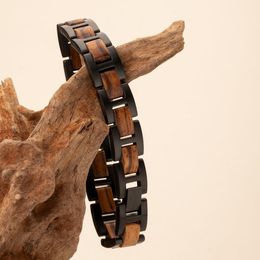 Holzkern Damen & Herren Armband Acoustic Zebranoholz & Edelstahl in Schwarz Gr&ouml;&szlig;enverstellbar