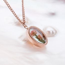 Holzkern Wildflower Halskette Damen Ros&eacute; und Blume