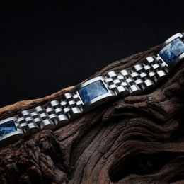 Holzkern Herren Armband Pentachord Blauer Marmor & Edelstahl in Silber Gr&ouml;&szlig;enverstellbar