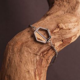 Holzkern Assemblage Armband Damen Silber und Marmor