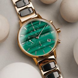 Gr&uuml;ne Damenuhr Jolly, Malachit-Zifferblatt, Goldener Edelstahl & Keramik-Armband