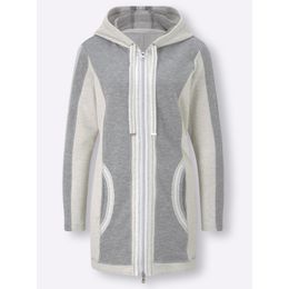 WITT Damen Shirtjacke in Longform, steingrau-ecru-gemustert, Gr&ouml;&szlig;e 44