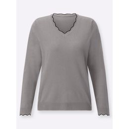 WITT Damen V-Ausschnitt-Pullover mit gewelltem Abschluss, steingrau, Gr&ouml;&szlig;e 48