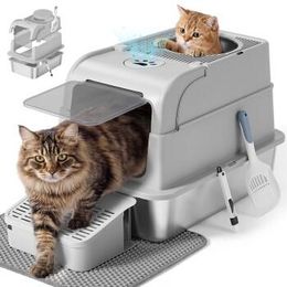 FEANDREA Katzenklo Edelstahl, geschlossen Katzentoilette, 2 Eing&auml;nge hellgrau
