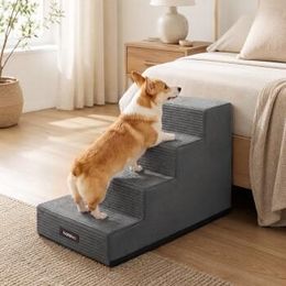 FEANDREA Hundetreppe, 2/3/4/5 Stufen Haustiertreppe aus grauem Cordstoff Waschbar schiefergrau XL