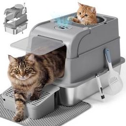 FEANDREA Katzenklo Edelstahl, geschlossen Katzentoilette, 2 Eing&auml;nge dunkelgrau