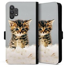 DeinDesign Galaxy A32 5G Handy Klapph&uuml;lle Handyh&uuml;lle aus Kunst Leder schwarz Flip Case Cat Pet Feather Sideflip mit langer Lasche