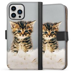 DeinDesign iPhone 13 Pro Max Handy Klapph&uuml;lle Handyh&uuml;lle aus Kunst Leder schwarz Flip Case Cat Pet Feather Sideflip mit langer Lasche