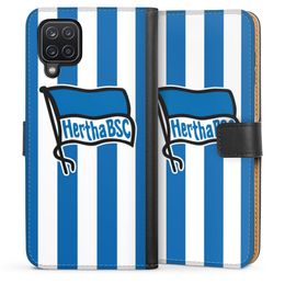 DeinDesign Galaxy A12 Handy Klapph&uuml;lle Handyh&uuml;lle aus Kunst Leder schwarz Flip Case Hertha Bsc Stripes Flag Sideflip mit langer Lasche
