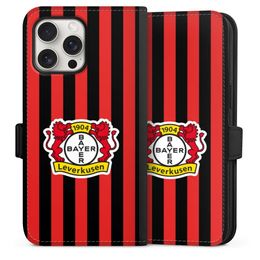 DeinDesign iPhone 15 Pro Max Handy Klapph&uuml;lle Handyh&uuml;lle aus Kunst Leder schwarz Flip Case Official Licensed Product Stripes Bayer 04 Leverkusen Sideflip mit 