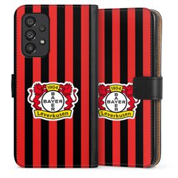 DeinDesign Galaxy A53 5G Handy Klapph&uuml;lle Handyh&uuml;lle aus Kunst Leder schwarz Flip Case Official Licensed Product Stripes Bayer 04 Leverkusen Sideflip mit langer 