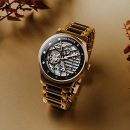 Herrenuhr, Skelettautomatik, Goldenes & Schwarzes Edelstahlarmband
