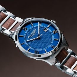 Holzkern Holzuhr Milestones (Walnuss/Blau), Unisex, Naturholz