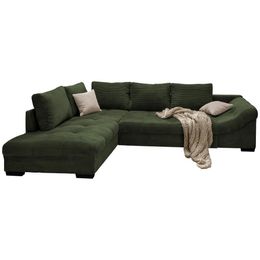 P & B Ecksofa, Dunkelgr&uuml;n, Holz, Buche, Streifen, 4-Sitzer, F&uuml;llung: Schaumstoff, L-Form, Ottomane links, 298x202 cm, Made in EU, Liegefunktion, seitenverkehrt erh&auml;ltlich, Schlafen auf Sitzh&ouml;he, R&uuml;cken echt, Armteil rechts, Wohnzimmer, Sofas & Couches, Wohnlandschaften, Ecksofas
