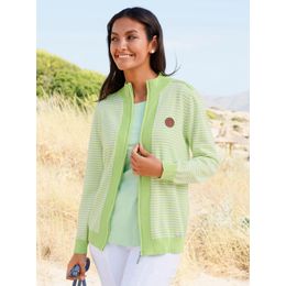 WITT Damen Strickjacke mit gerippten Eins&auml;tzen, reseda-wei&szlig;-geringelt, Gr&ouml;&szlig;e 36