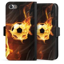 DeinDesign iPhone SE (2020) Handy Klapph&uuml;lle Handyh&uuml;lle aus Kunst Leder schwarz Flip Case Ball Fire Soccer Sideflip mit Lasche