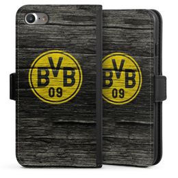 DeinDesign iPhone SE (2020) Handy Klapph&uuml;lle Handyh&uuml;lle aus Kunst Leder schwarz Flip Case Bvb Wooden Look Borussia Dortmund Sideflip mit Lasche