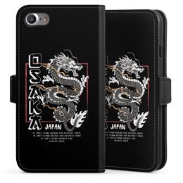 DeinDesign iPhone SE (2022) Handy Klapph&uuml;lle Handyh&uuml;lle aus Kunst Leder schwarz Flip Case Japan Dragon Ocean Sideflip mit Lasche