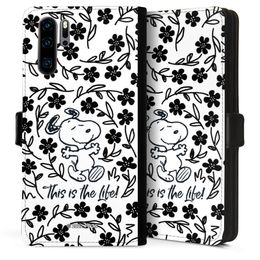 DeinDesign Huawei P30 Pro Handy Klapph&uuml;lle Handyh&uuml;lle aus Kunst Leder schwarz Flip Case Peanuts Flowers Snoopy Sideflip mit langer Lasche