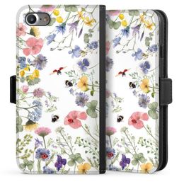 DeinDesign iPhone SE (2020) Handy Klapph&uuml;lle Handyh&uuml;lle aus Kunst Leder schwarz Flip Case Muster Flowers Bee Sideflip mit Lasche