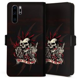 DeinDesign Huawei P30 Pro Handy Klapph&uuml;lle Handyh&uuml;lle aus Kunst Leder schwarz Flip Case Rock Totenkopf Music Sideflip mit langer Lasche