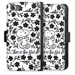 DeinDesign iPhone SE (2020) Handy Klapph&uuml;lle Handyh&uuml;lle aus Kunst Leder schwarz Flip Case Flowers Peanuts Snoopy Sideflip mit Lasche