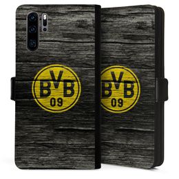 DeinDesign Huawei P30 Pro Handy Klapph&uuml;lle Handyh&uuml;lle aus Kunst Leder schwarz Flip Case Wooden Look Bvb Borussia Dortmund Sideflip mit langer Lasche