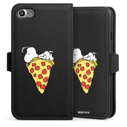 DeinDesign iPhone SE (2020) Handy Klapph&uuml;lle Handyh&uuml;lle aus Kunst Leder schwarz Flip Case Snoopy Pizza Peanuts Sideflip mit Lasche