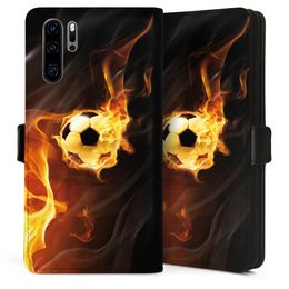 DeinDesign Huawei P30 Pro Handy Klapph&uuml;lle Handyh&uuml;lle aus Kunst Leder schwarz Flip Case Soccer Ball Fire Sideflip mit langer Lasche
