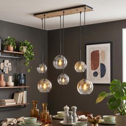 hofstein Koyoto Glas Pendelleuchte 6-flammig mit Kiefernholz naturfarben, E27 Kugelschirme &oslash; 15/20 cm in Bernsteinfarben, Klar und Rauchfarben, extern dimmbar